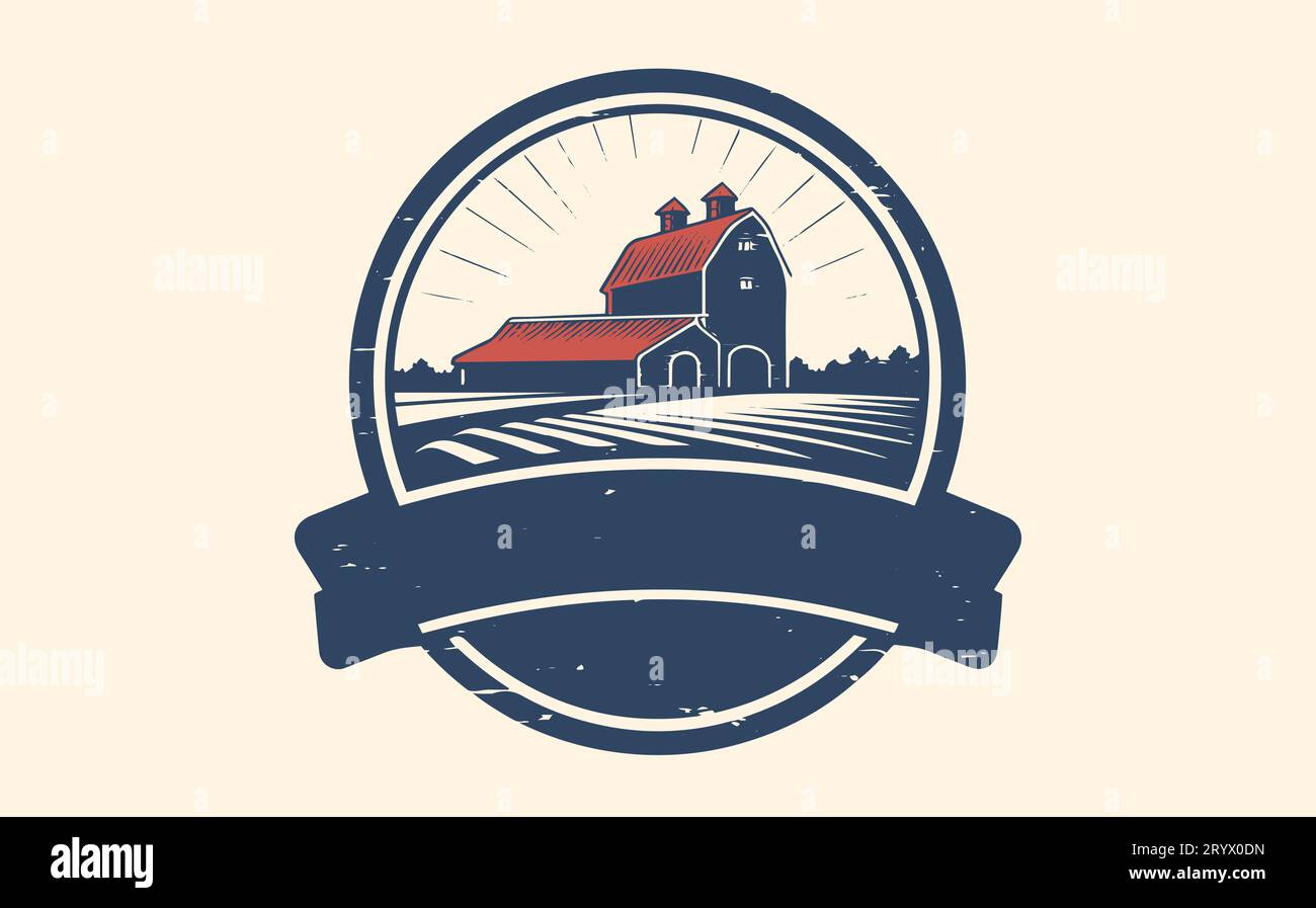 Farm logo illustration, emblem with farmhouse design hand drawn sketch ...