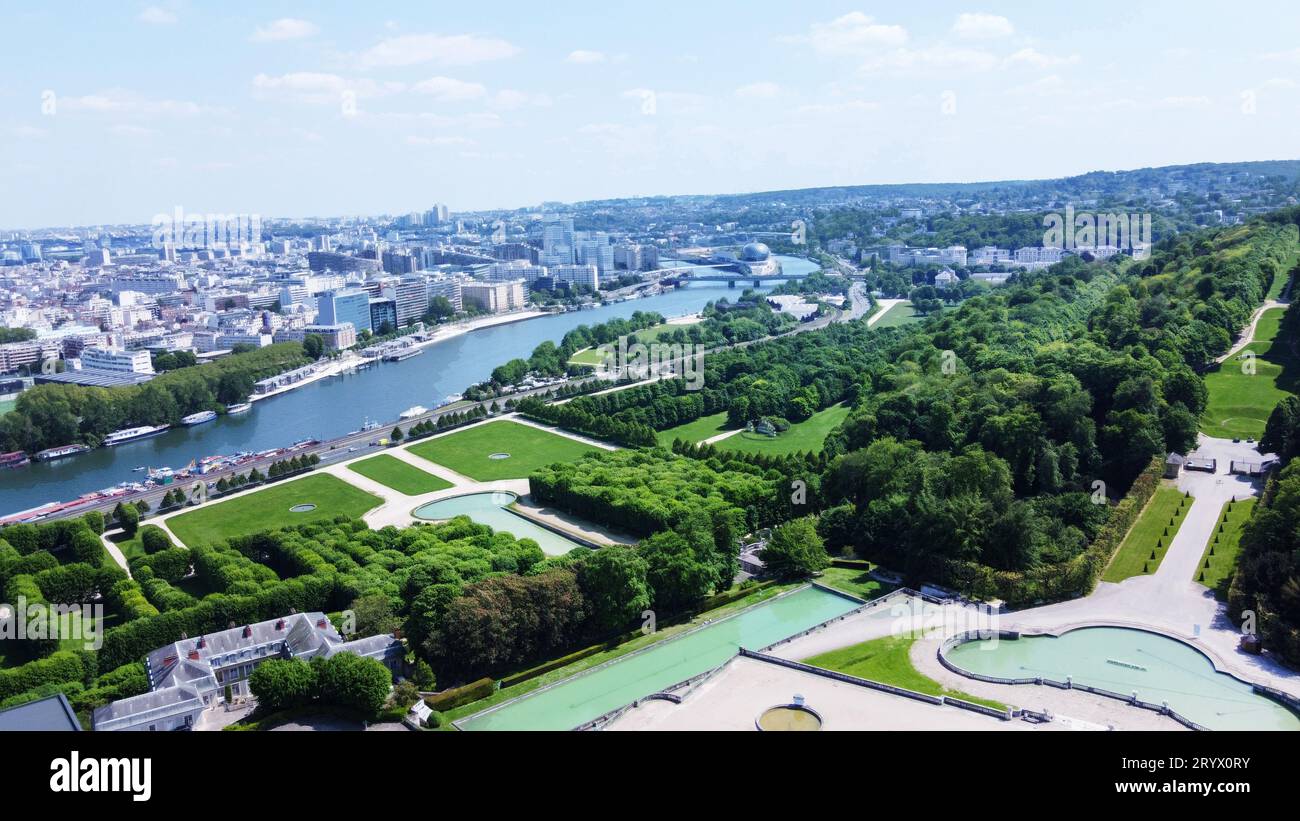 Drone point of view on Seine river and park of National Estate de Saint ...