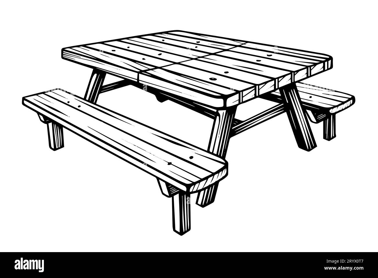 Wooden table with bench hand drawn ink sketch. Engraving style vintage ...