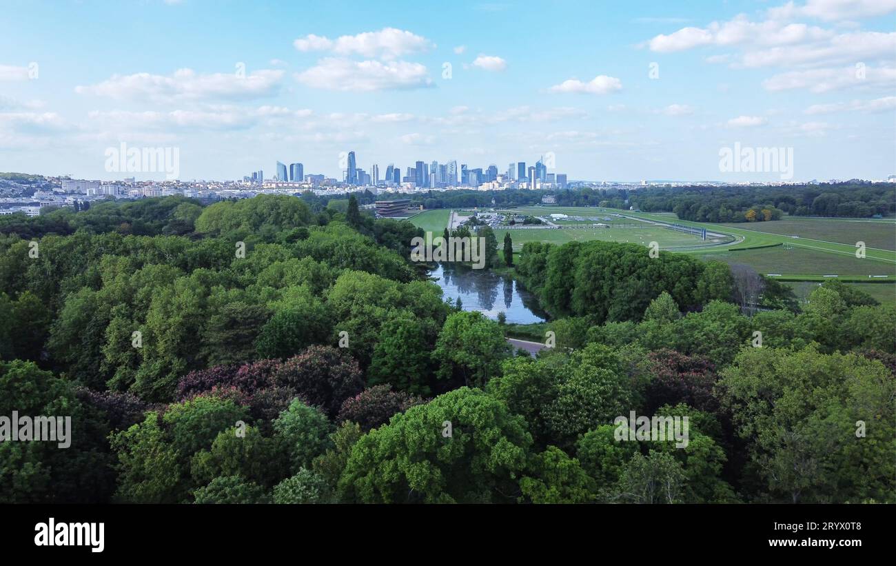 Drone point of view on Bois de Bologne (Bologne forest) in Paris . In ...