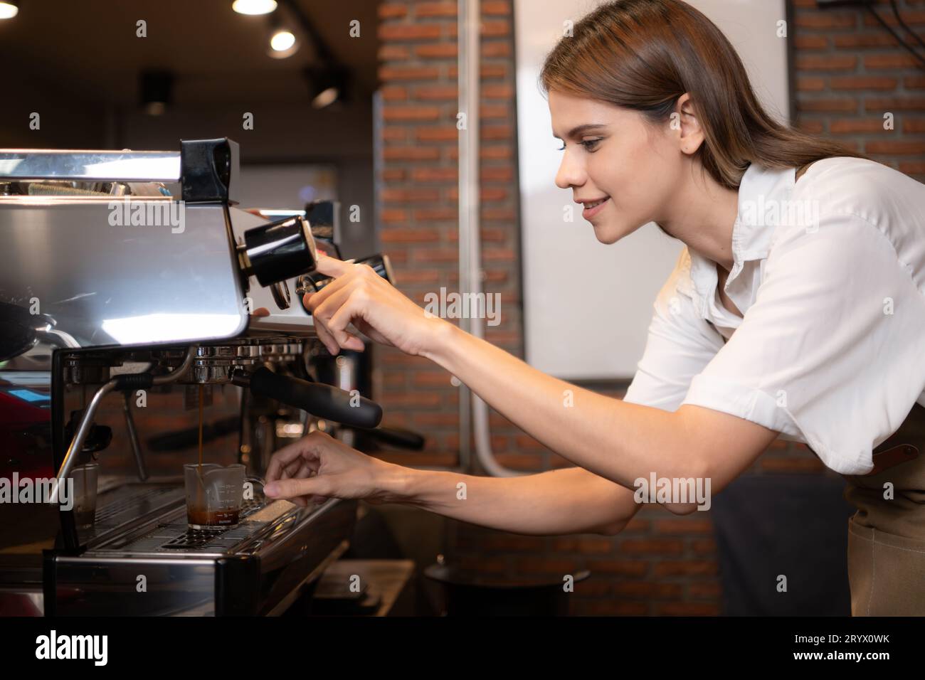 Young female barista preparing coffee in cafe. Female barista using ...