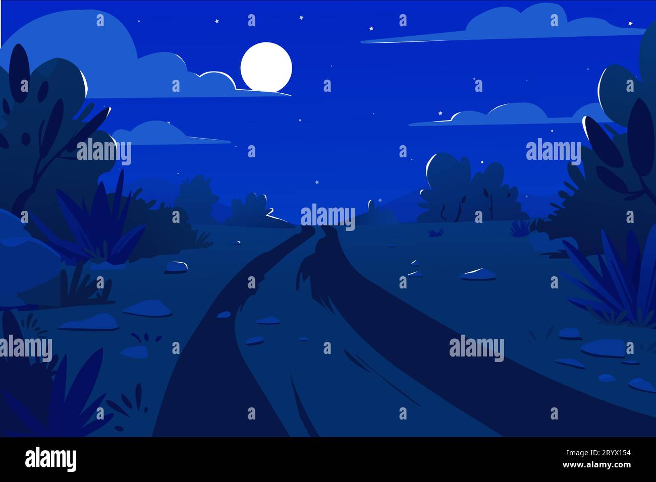 Vector illustration of desert night landscape with road, in cartoon ...