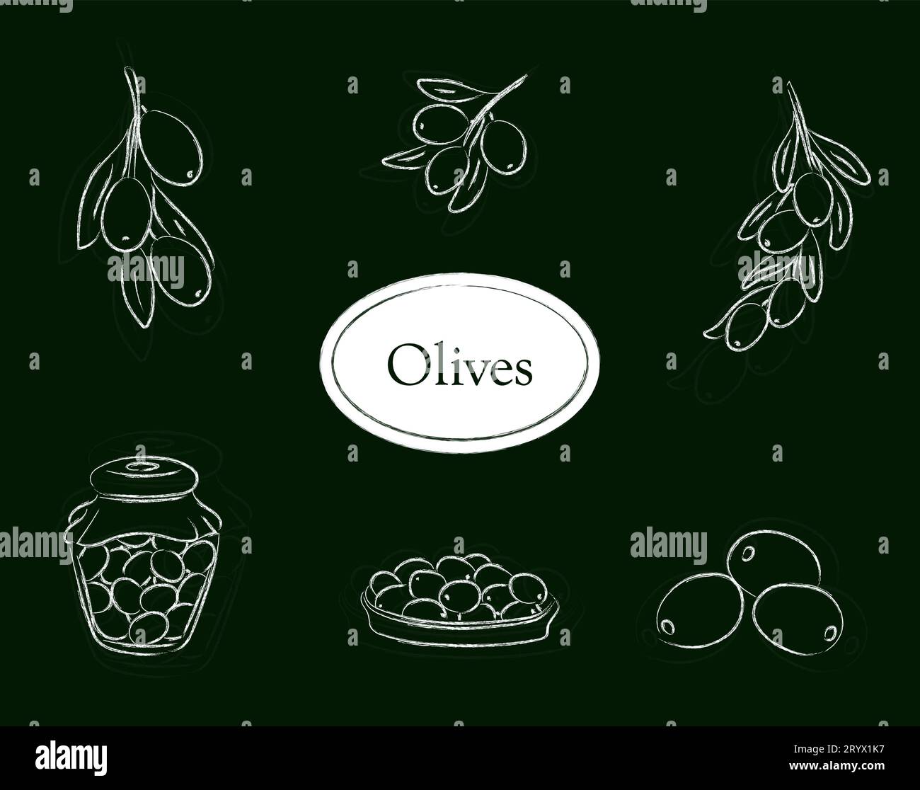Charcoal style olive set isolated on a green background, vector ...