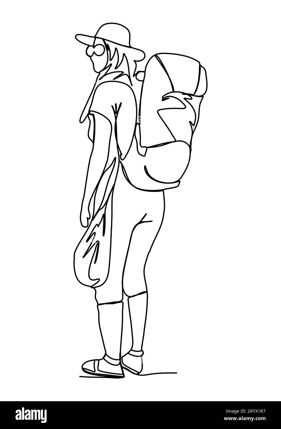 Female tourist with a hat on her head and a large rucksack on her ...