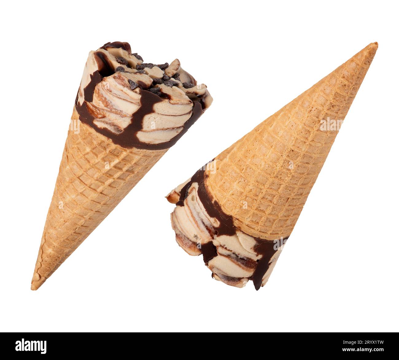 Two ice creams in a waffle cup with on a white isolated background. Ice ...