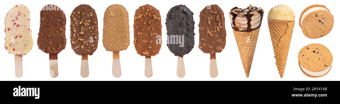 Chocolate ice creams with icing of different colors. A big set of ice cream of different types flavors on a white isolated background Stock Photo Alamy