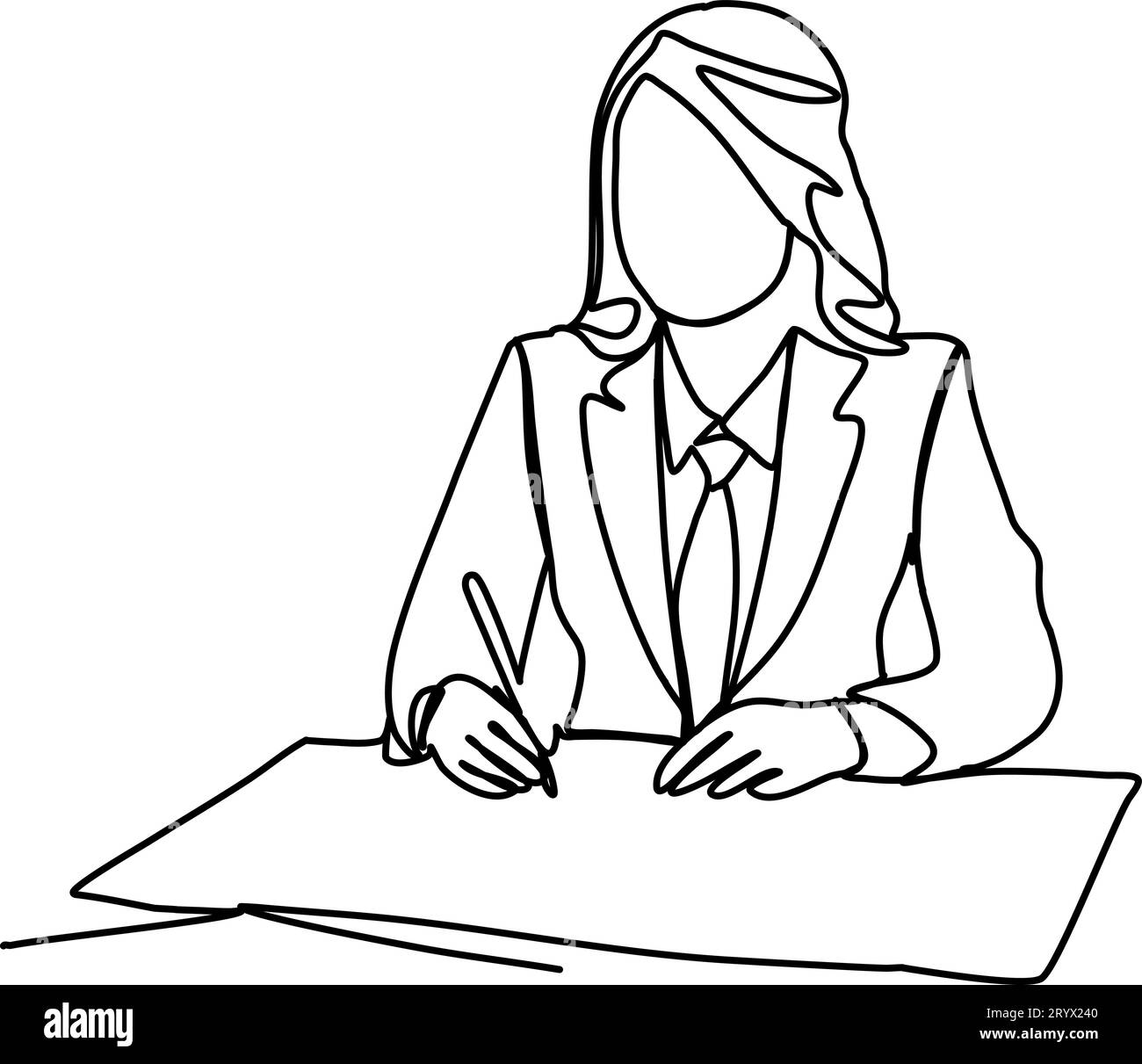 Woman in a business suit with papers in her hands. One line drawing ...