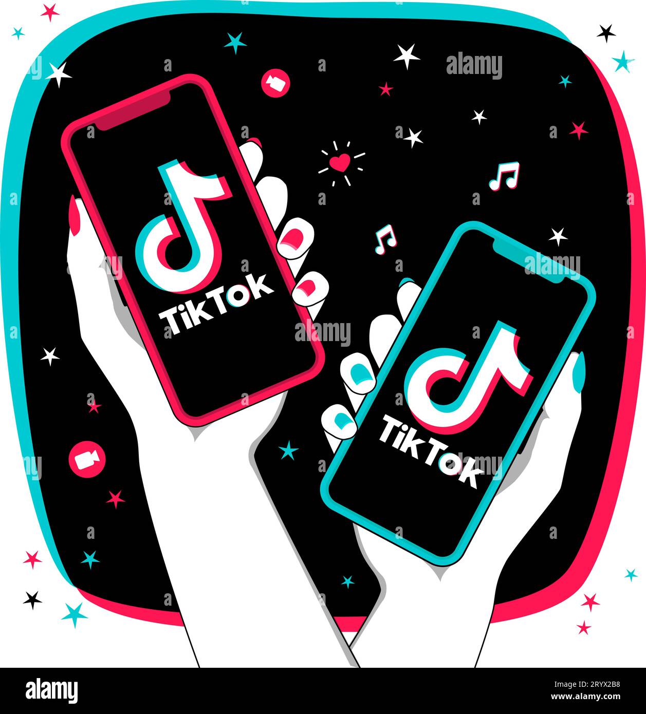 Hands of two women holding smartphone with Tiktok logo in the screen ...