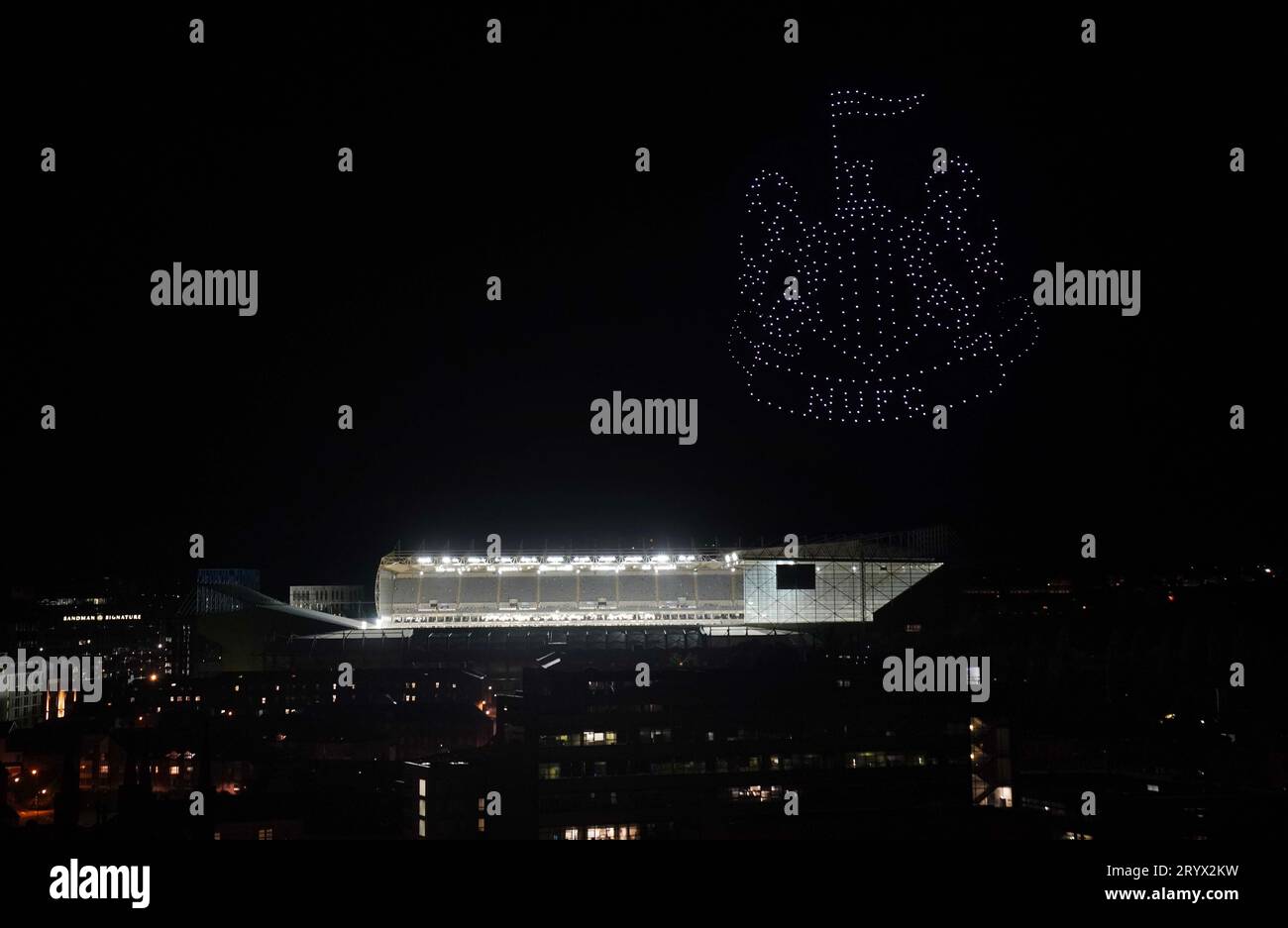 EDITORIAL USE ONLY A view of a football themed drone show created by ...