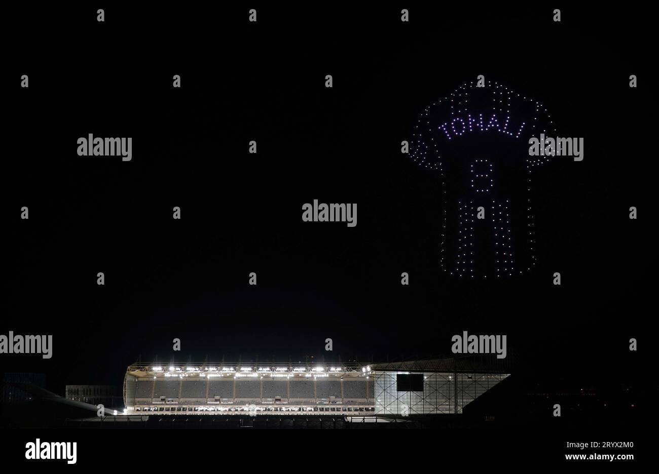 EDITORIAL USE ONLY A view of a football themed drone show created by ...