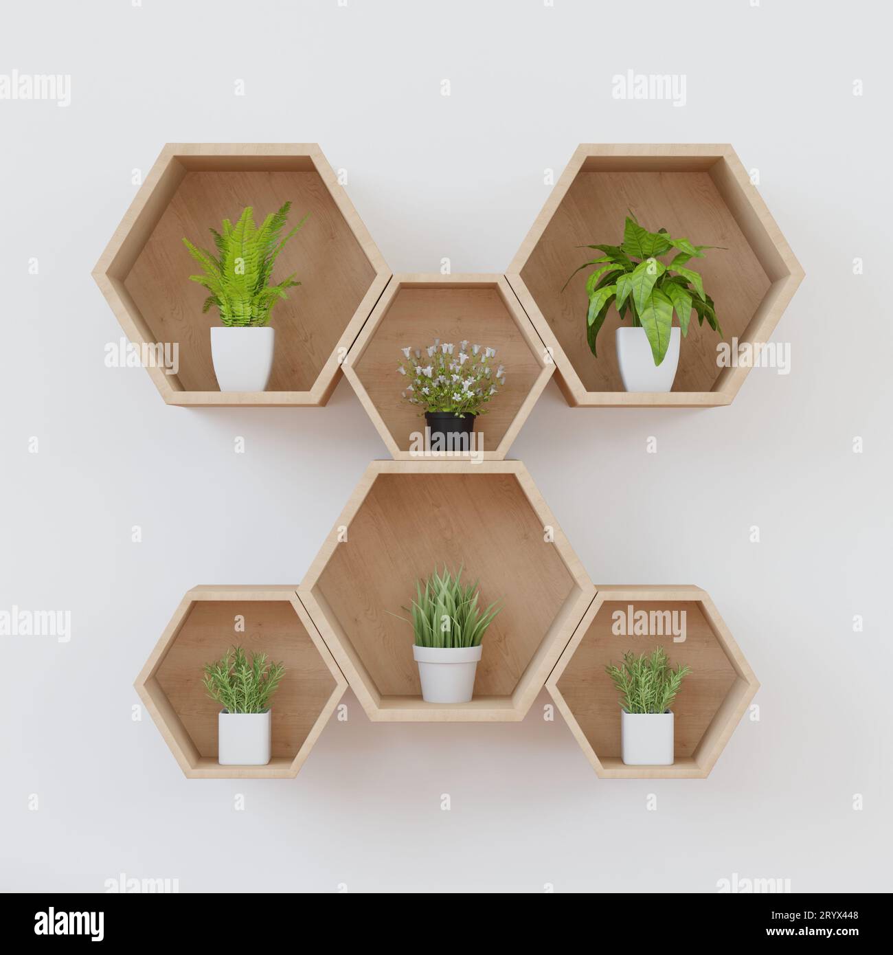 Hexagon wooden shelf Stock Photo - Alamy