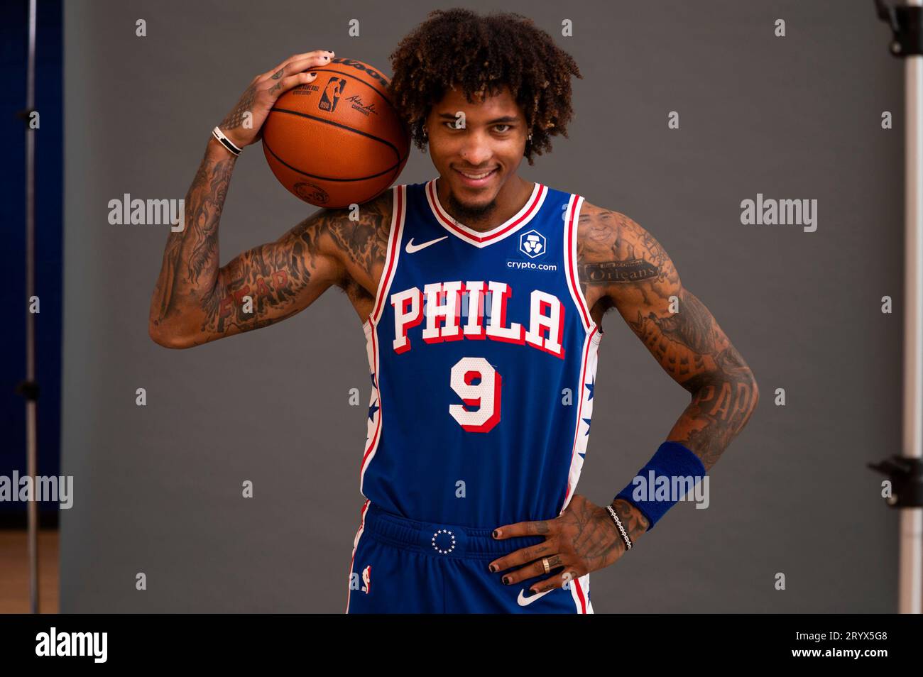 Philadelphia 76ers' Kelly Oubre Jr. poses for a photograph during media ...