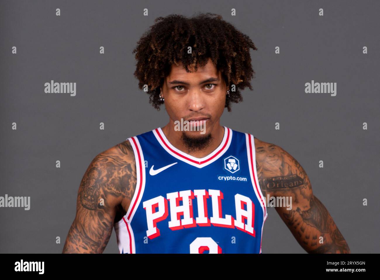 Philadelphia 76ers' Kelly Oubre Jr. poses for a photograph during media ...