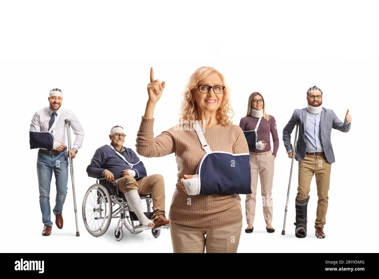 Woman with injured arm wearing a sling and pointing up in front of ...