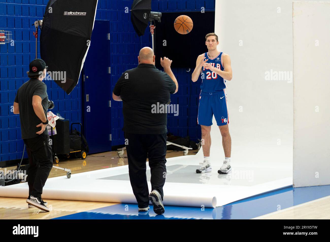 Philadelphia 76ers' Azuolas Tubelis poses for a photograph during media ...
