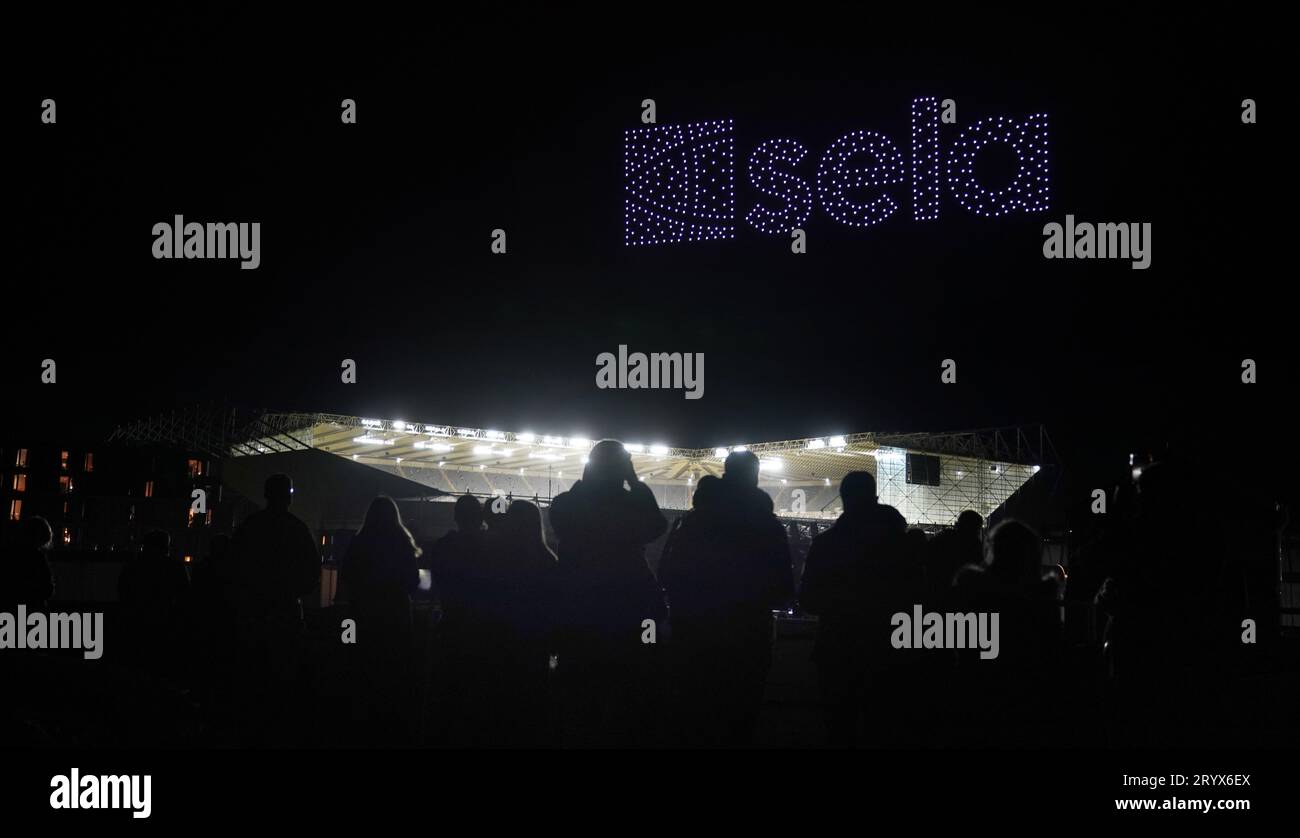 EDITORIAL USE ONLY A view of a football themed drone show created by ...