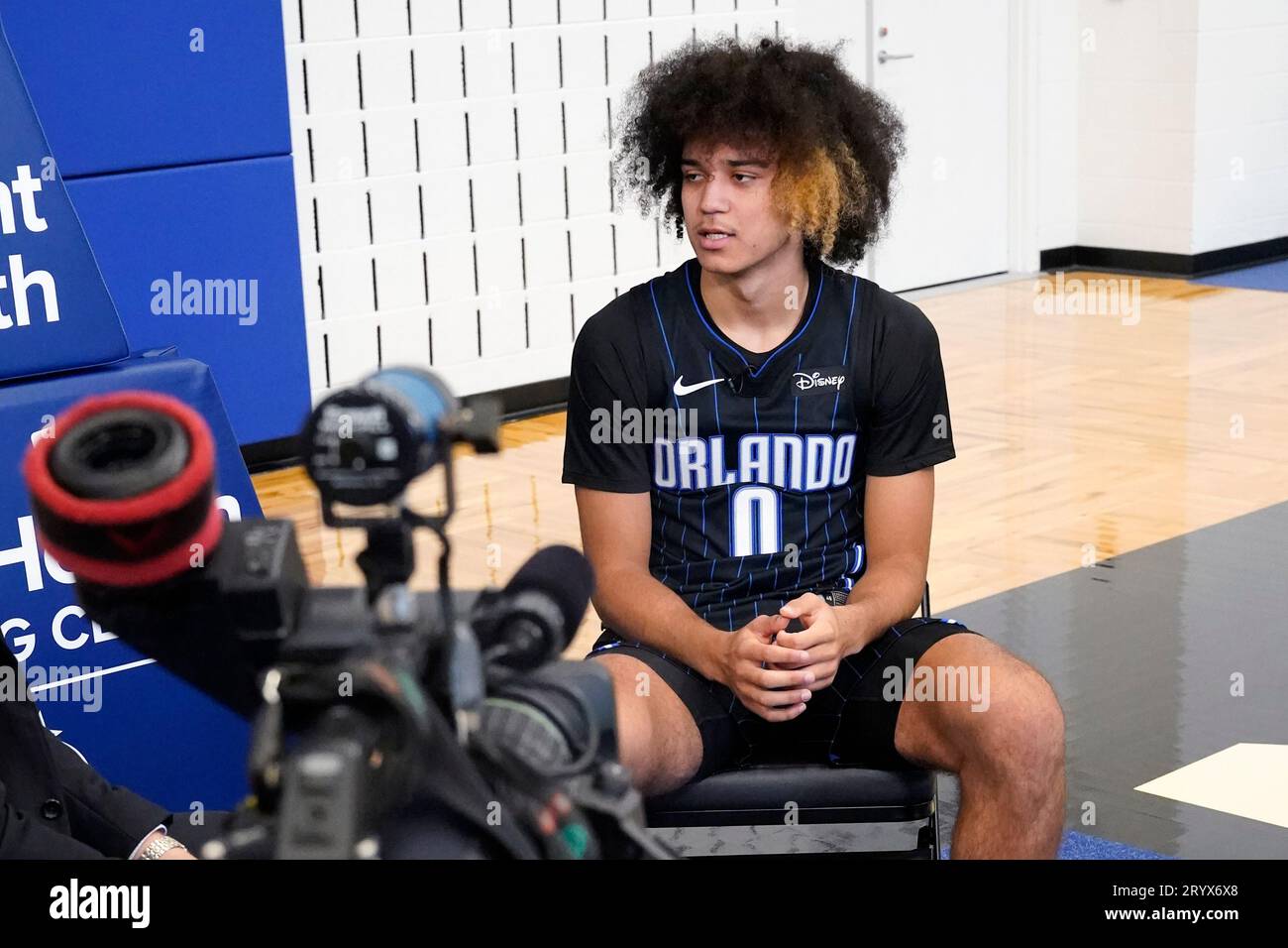 Orlando Magic guard Anthony Black (0) takes part in a TV interview ...