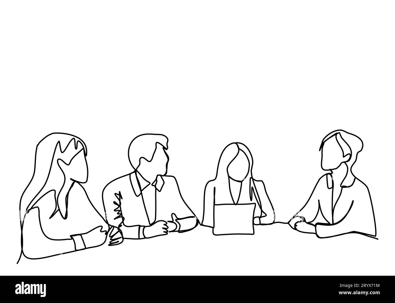 People sitting around a table at a meeting. One line drawing, vector ...