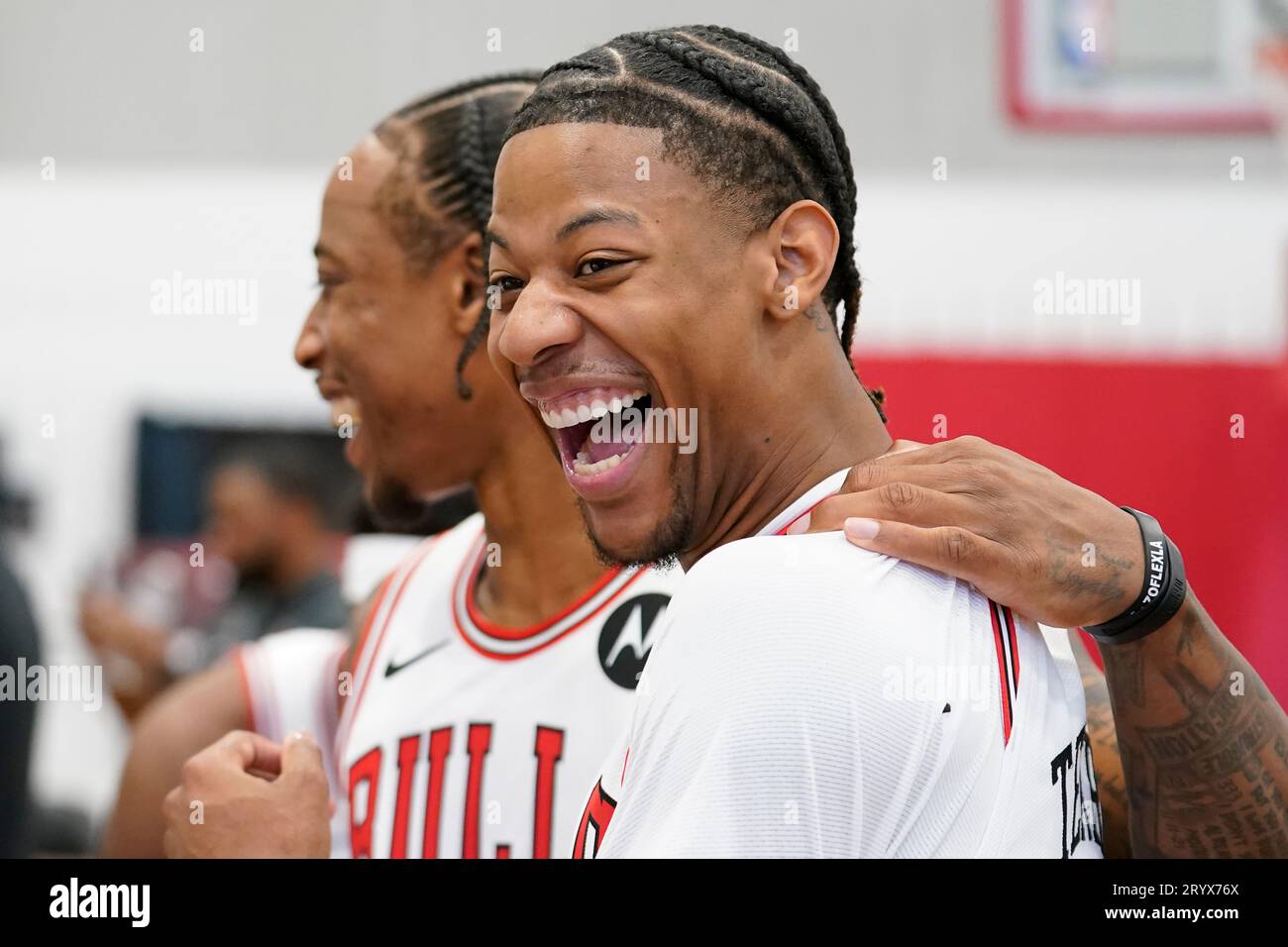 Chicago Bulls forward Dalen Terry, right, laughs with forward DeMar ...