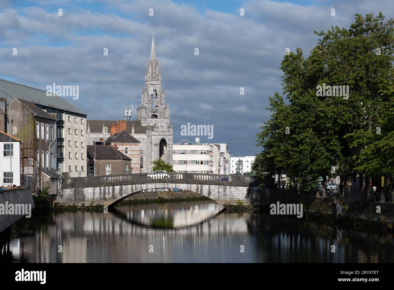 Cityscape of cork city with holy trinity church and lee river. Ireland ...