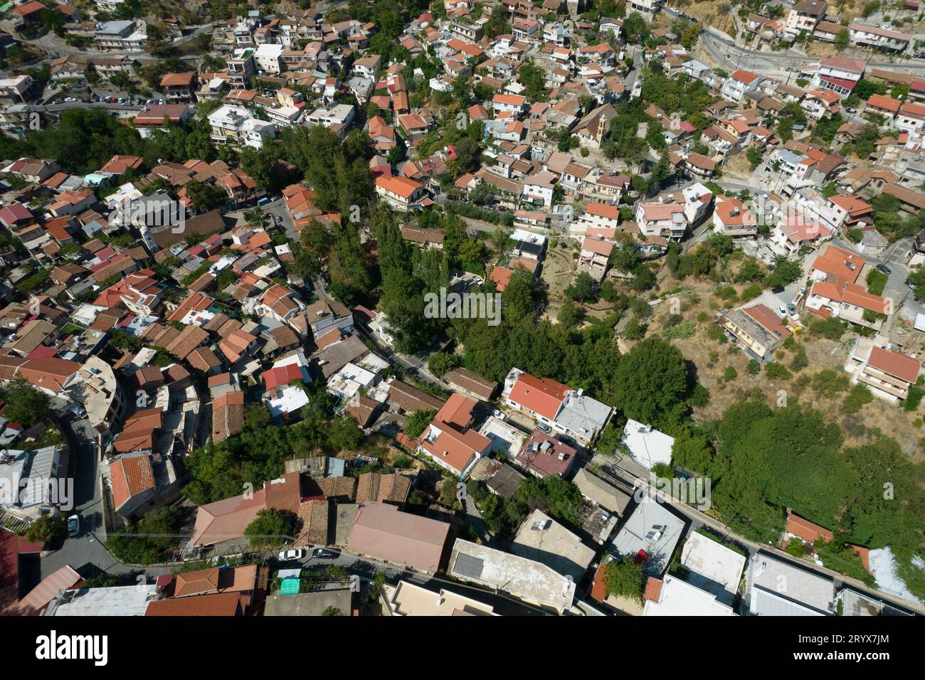 Aerial drone photograph of the mountain village of Palaichori. Nicosia ...