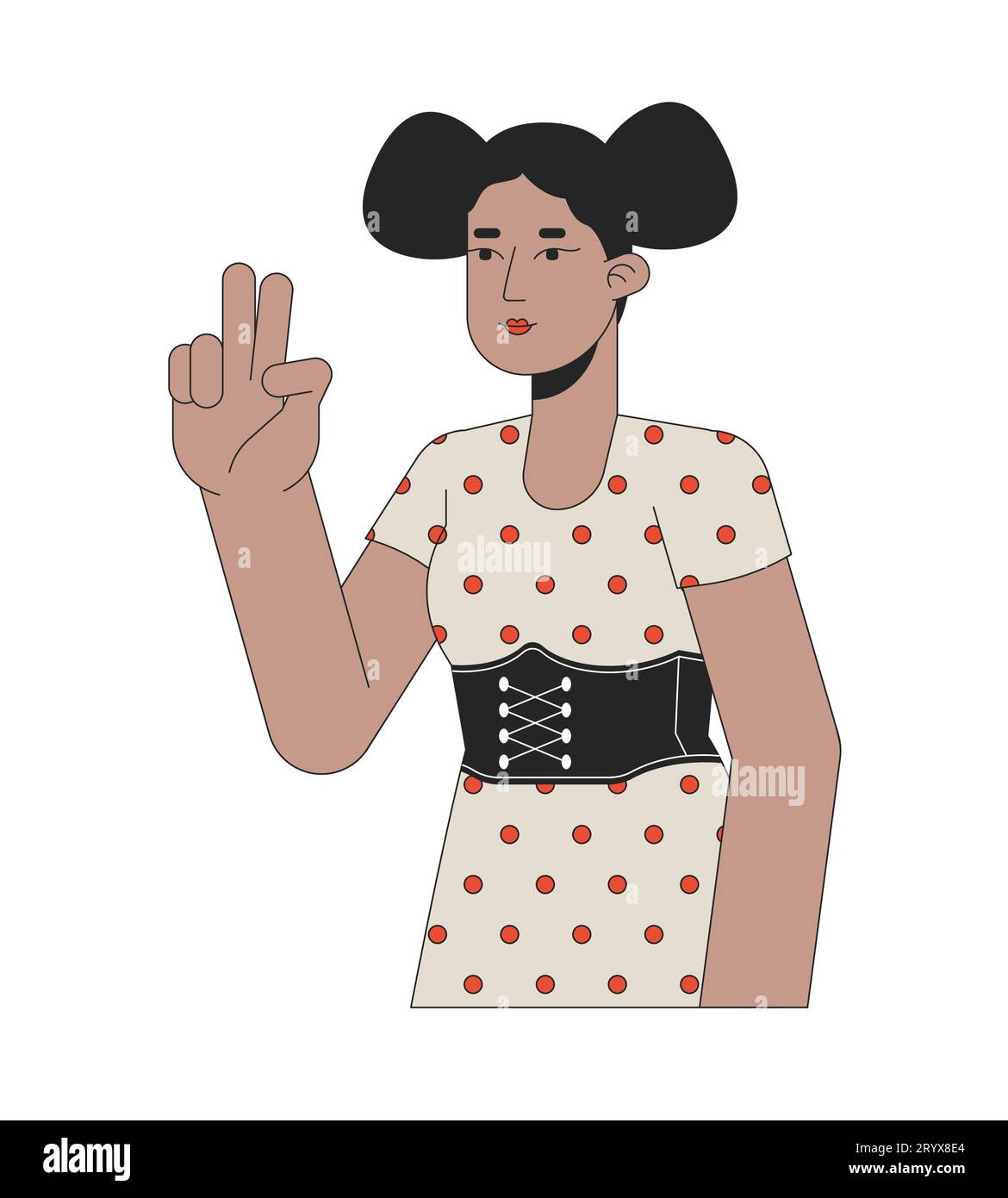 African American Peace Sign Girl 2d Linear Cartoon Character Stock