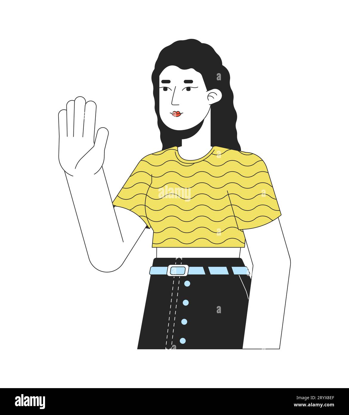 Wavy hair young adult woman hello wave 2D linear cartoon character ...