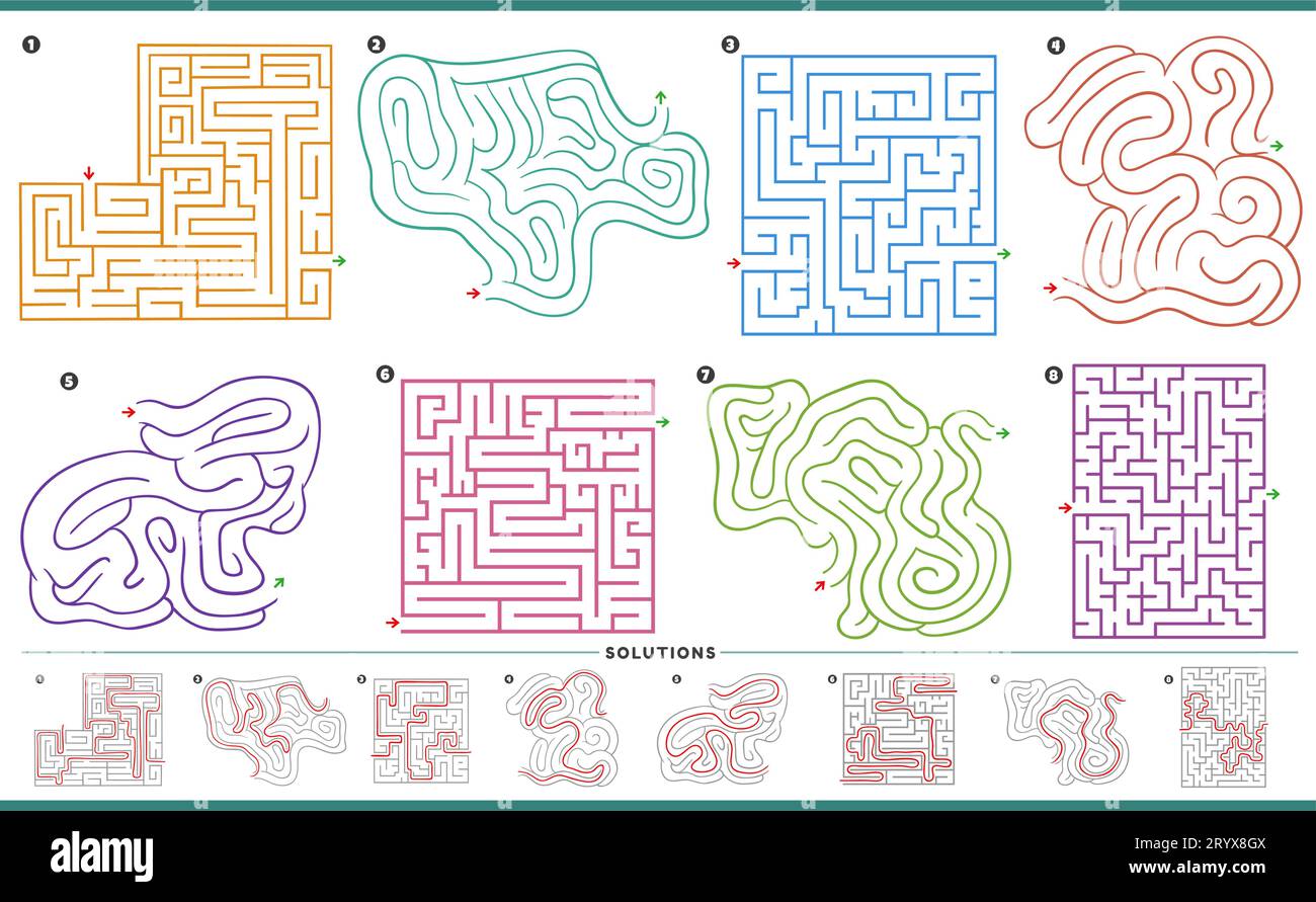 Illustration of maze puzzle activities graphs set with solutions Stock ...