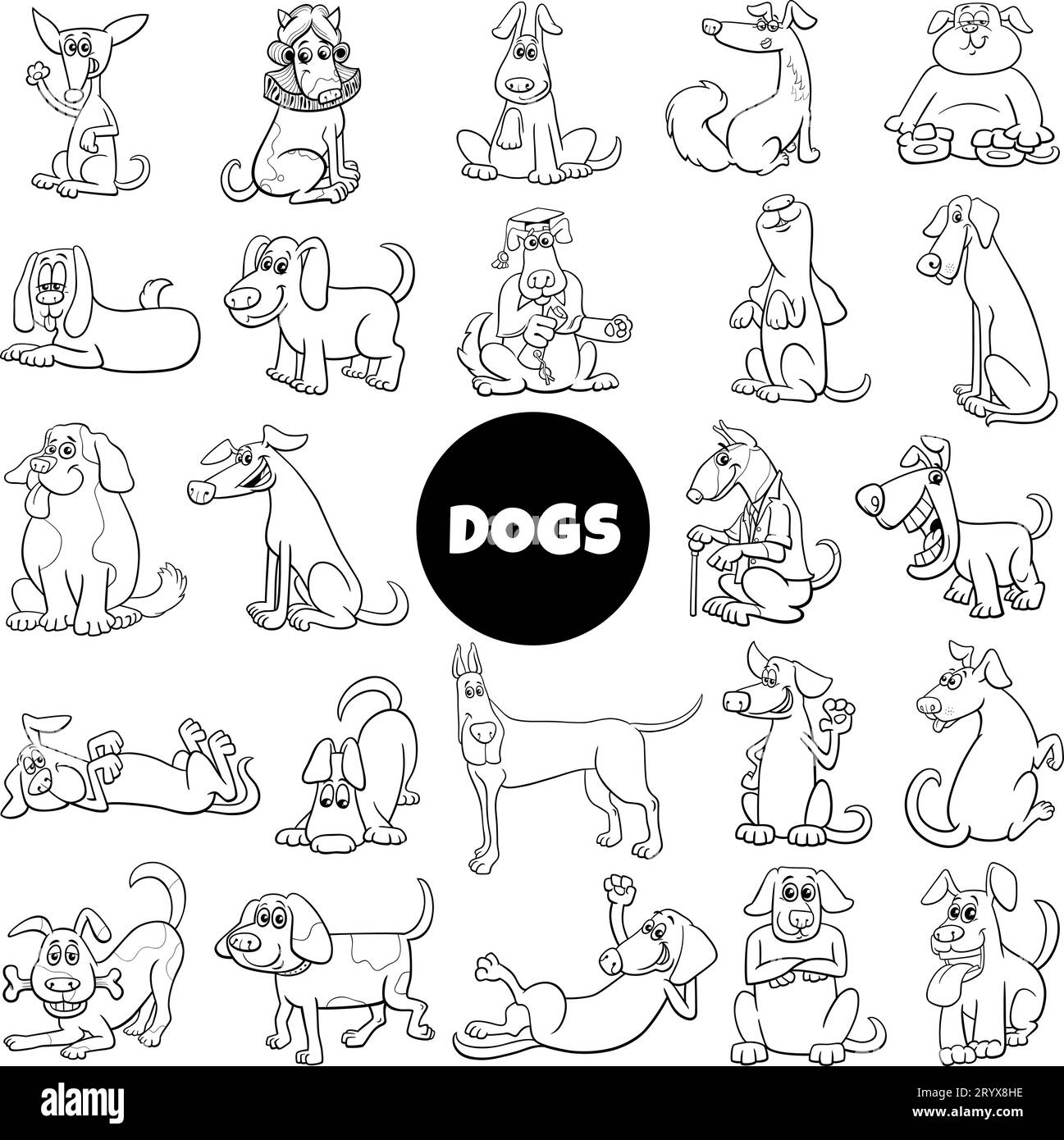 Black and white cartoon illustration of dogs and puppies pet animal ...