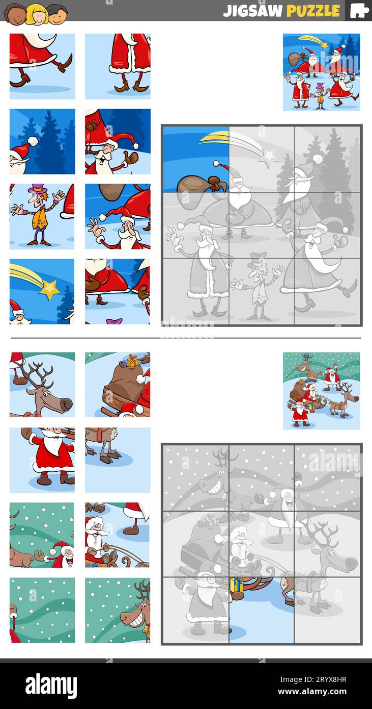 Cartoon illustration of educational jigsaw puzzle games set with Santa ...