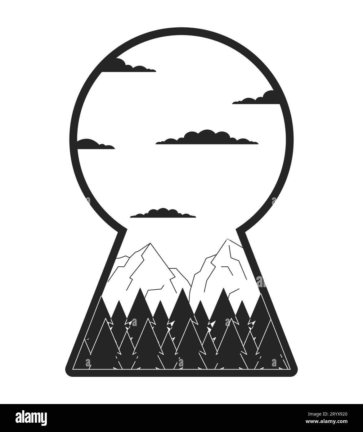 Peaceful mountains in keyhole shape black and white 2D illustration ...