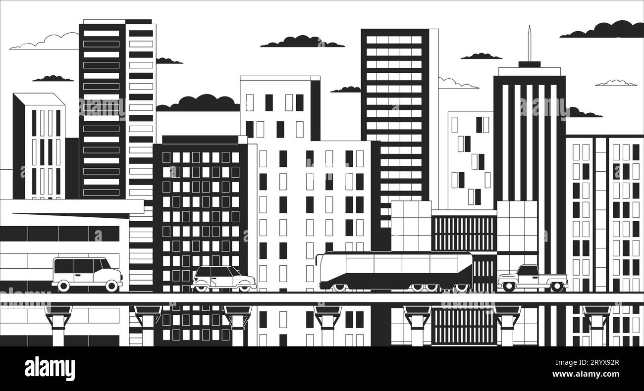 Cityscape day black and white cartoon flat illustration Stock Vector ...