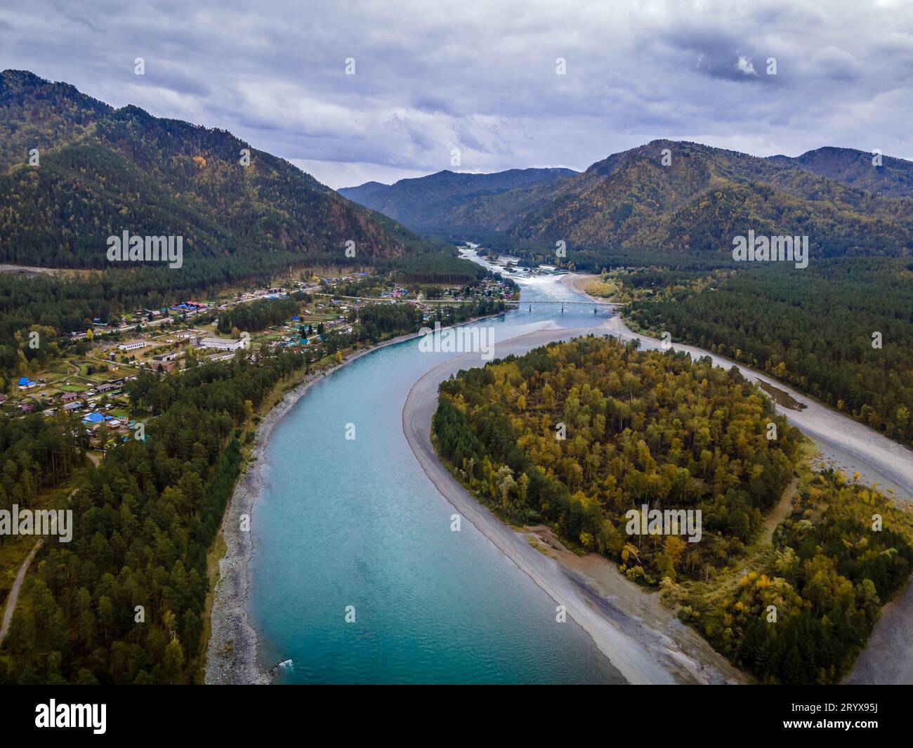 The aerial picture of the scenic Katun river in the Altai Mountains in ...