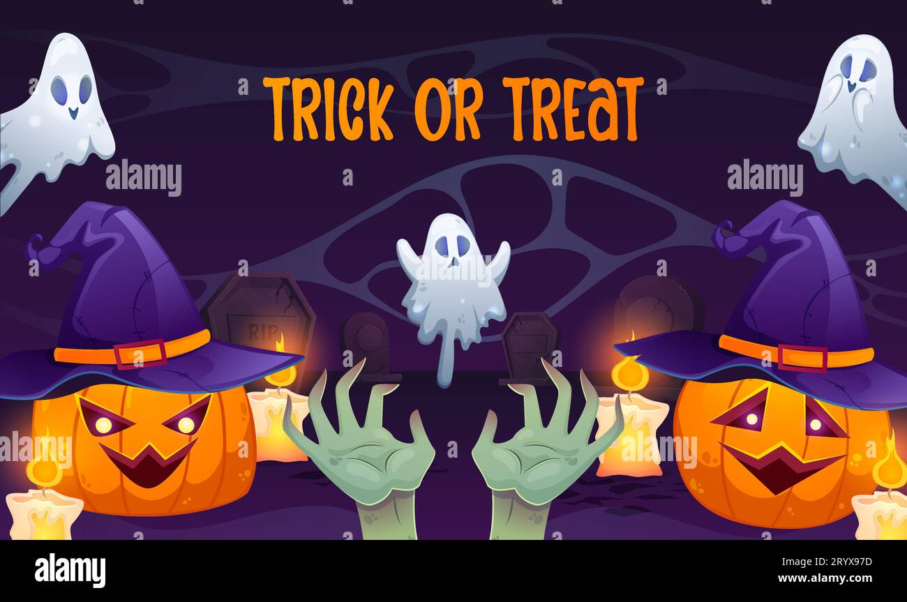 Halloween background with pumpkins, ghosts on cemetery. Trick or treat ...
