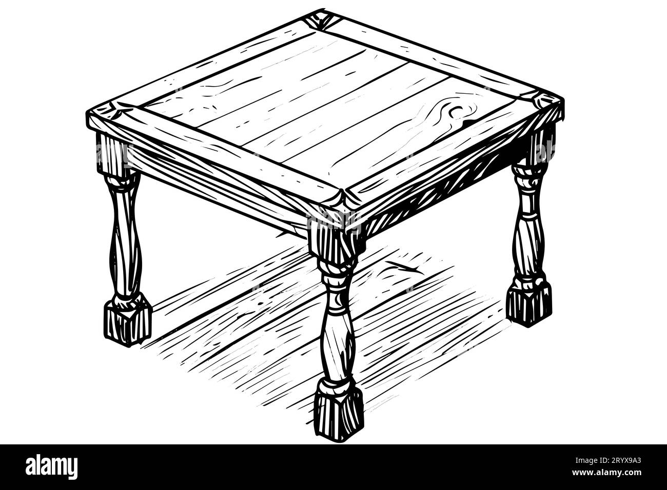 Wooden retro table hand drawn ink sketch. Engraving style vintage ...