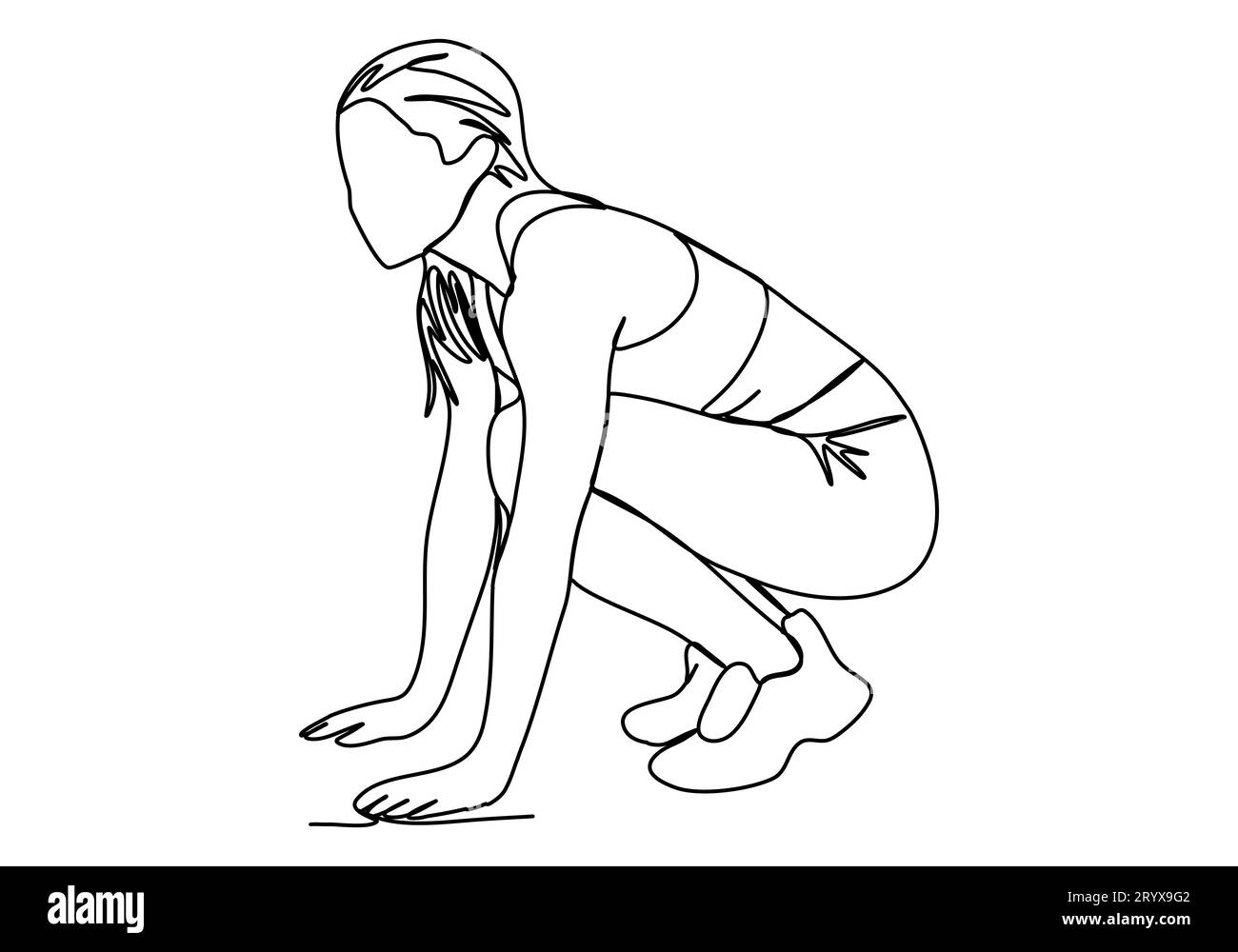 Girl in sports clothes stands at a low start before starting to run One ...