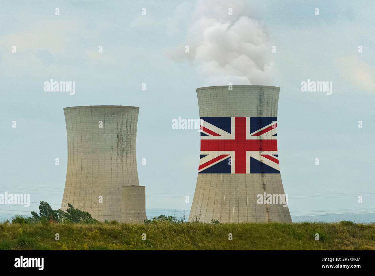 The British flag is depicted on the cooling tower of the nuclear power ...
