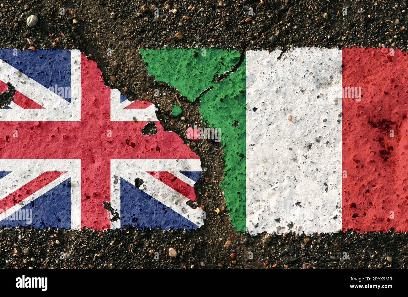 On the pavement, the images of the flags of the UK and Italy, as a ...