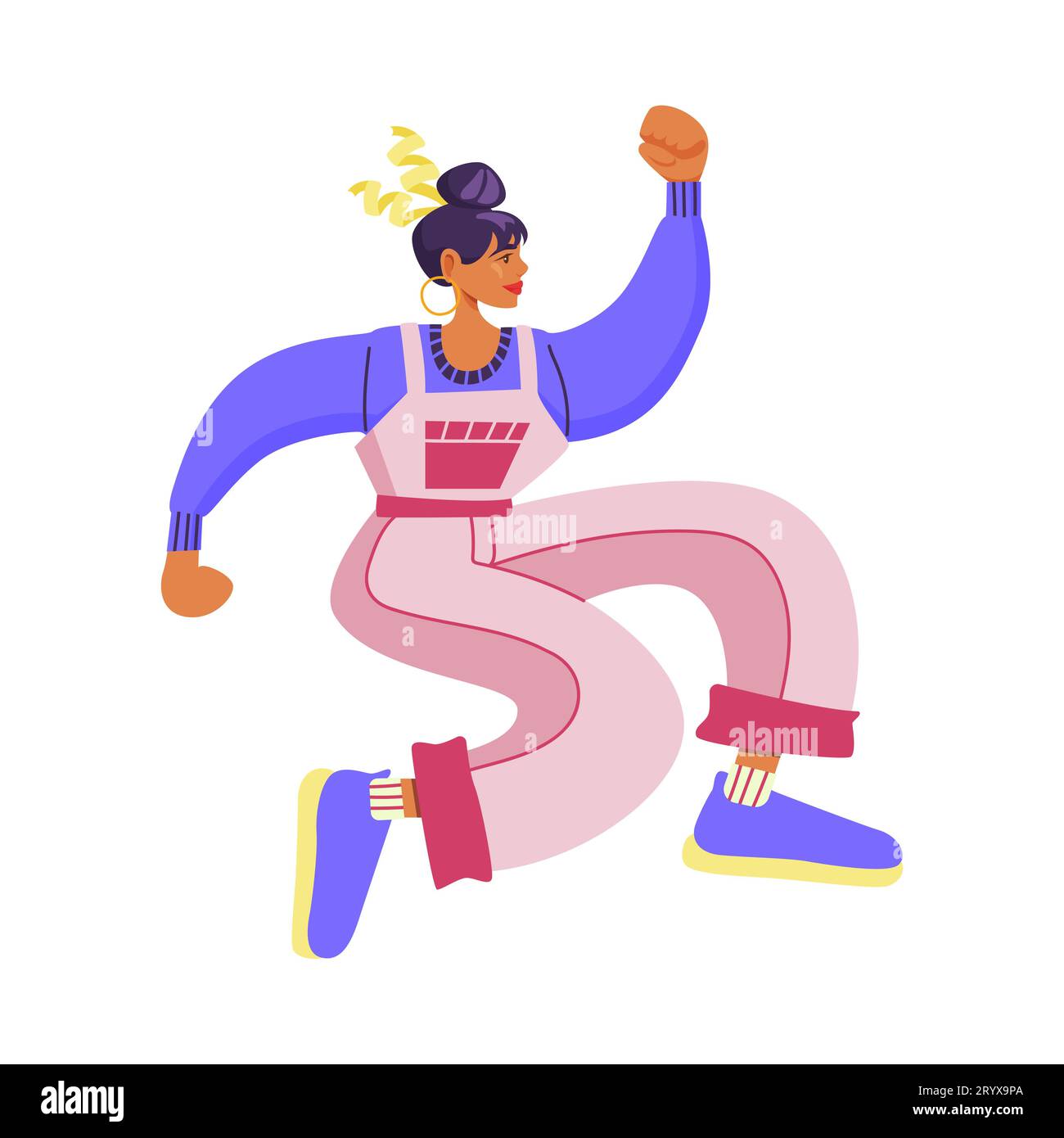 Brave woman with dark hair. You go girl. Girl power. Strong woman jumps ...