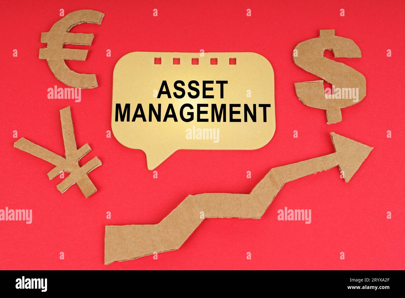 Business concept. On the red surface there are money symbols, an arrow ...