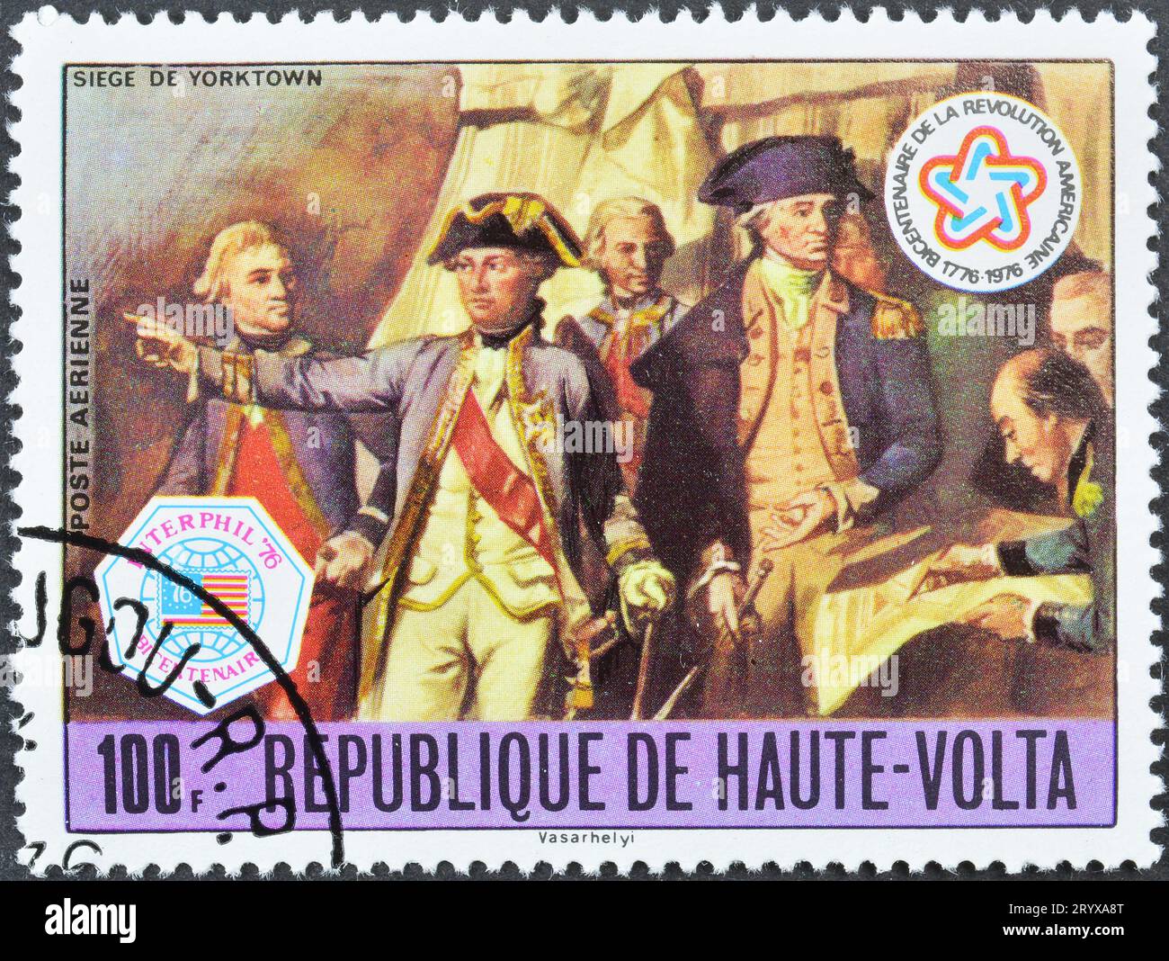 Cancelled postage stamp printed by Upper Volta, that shows Siege of ...
