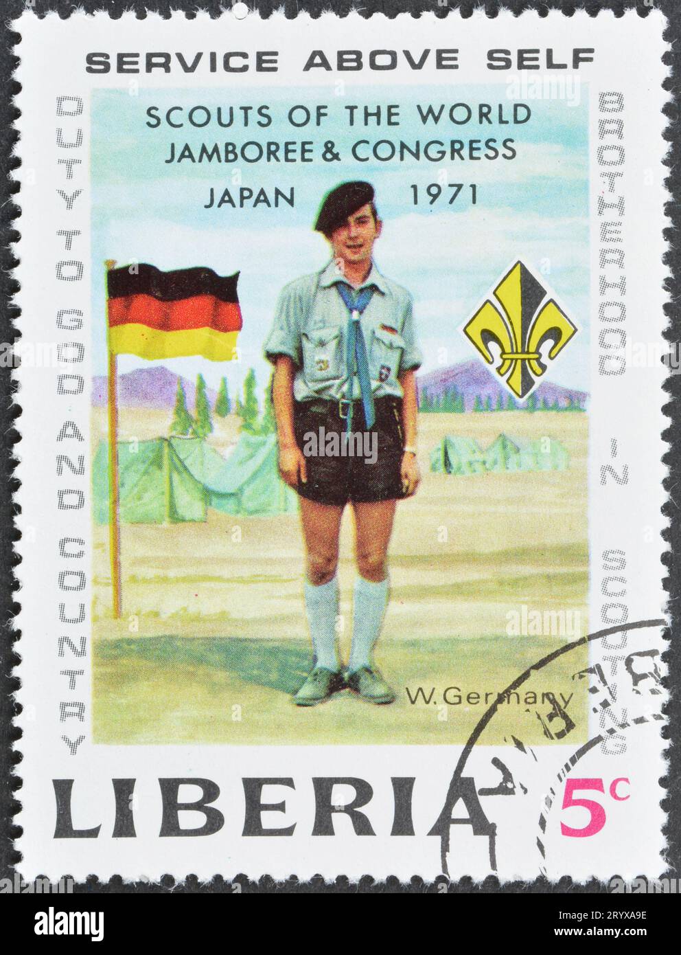 Cancelled postage stamp printed by Liberia, that shows Boy Scout from German Federal Republic ...