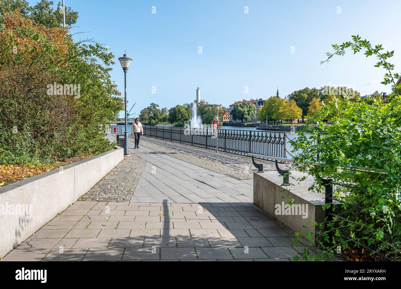 Norrköping waterfront and Motala river on a quiet Sunday in early ...