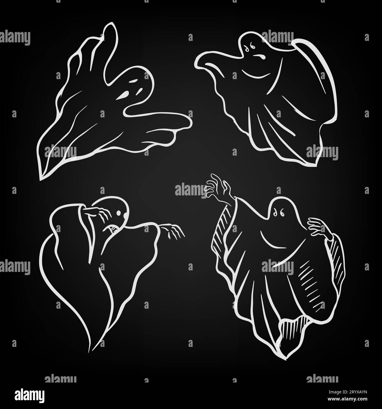 Set of drawn ghosts in sketch style. Collection for Halloween. On a ...