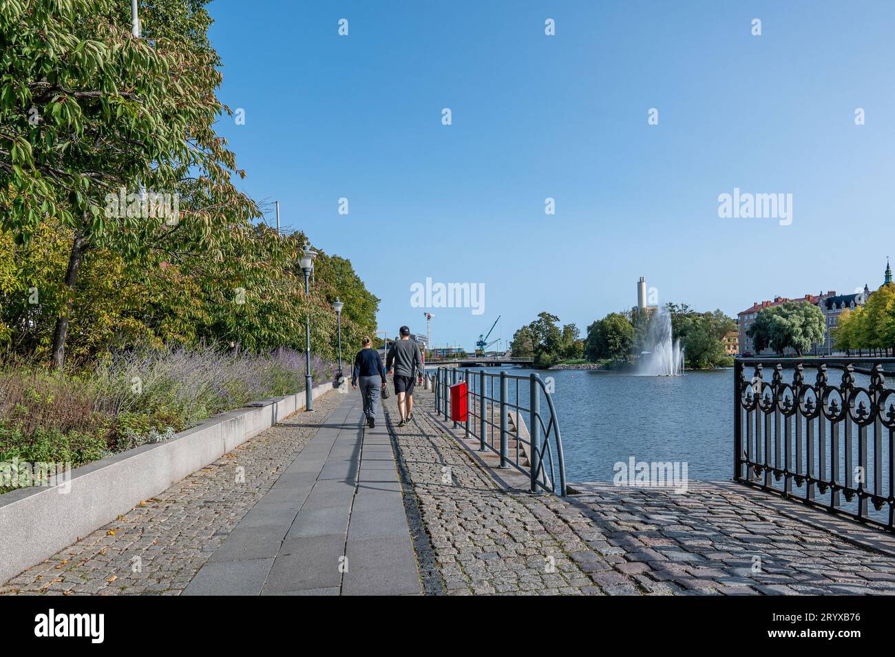 Norrköping waterfront and Motala river on a quiet Sunday in early ...