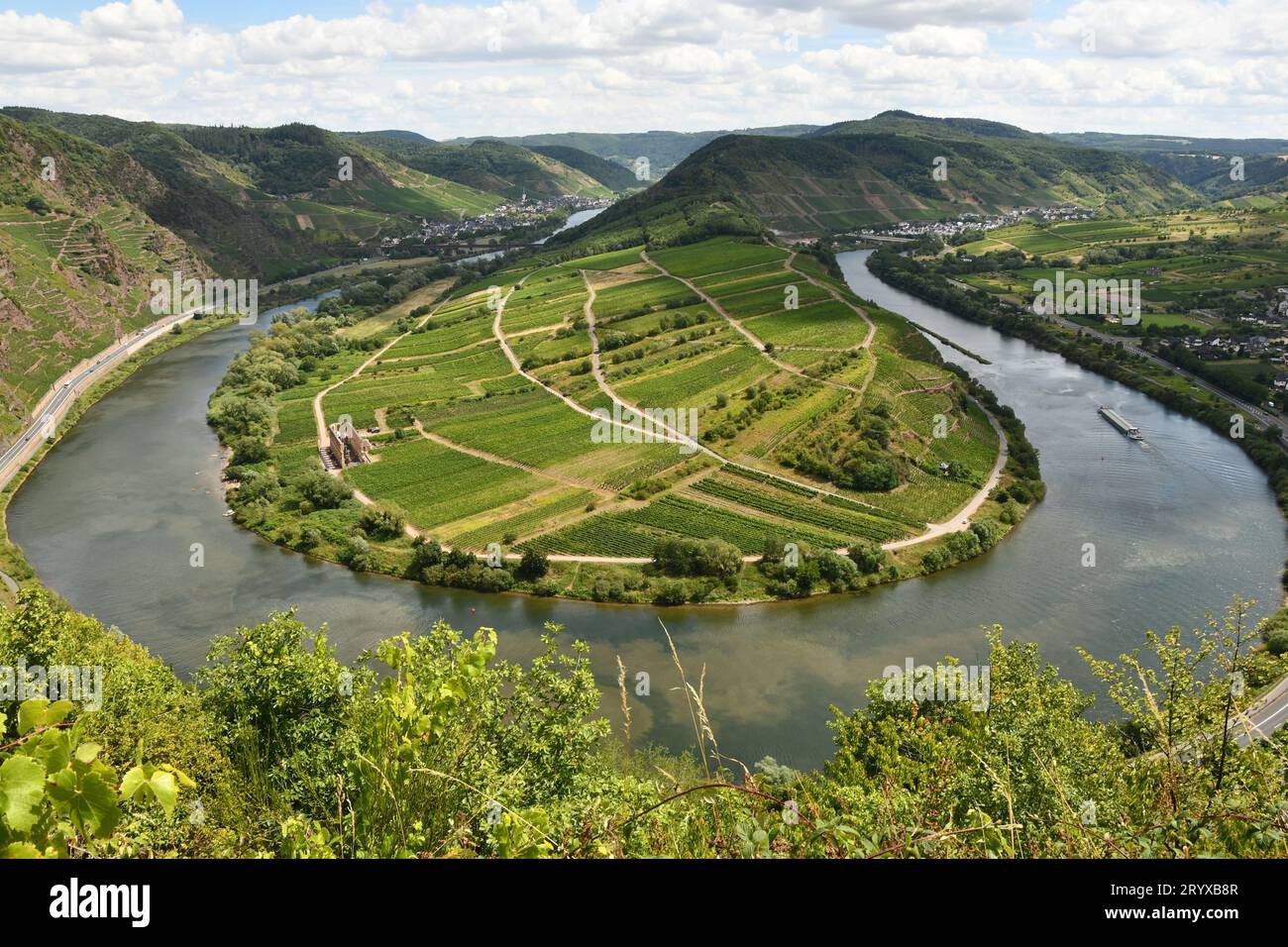 Bird's eye view of the Moselle loop surrounded by greenery and ...