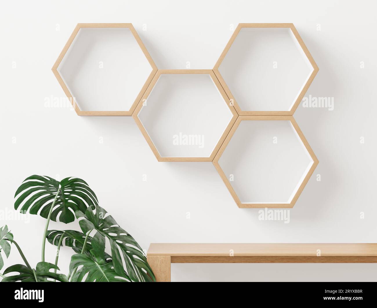 Wooden Hexagon shelf copy space for mock up Stock Photo - Alamy