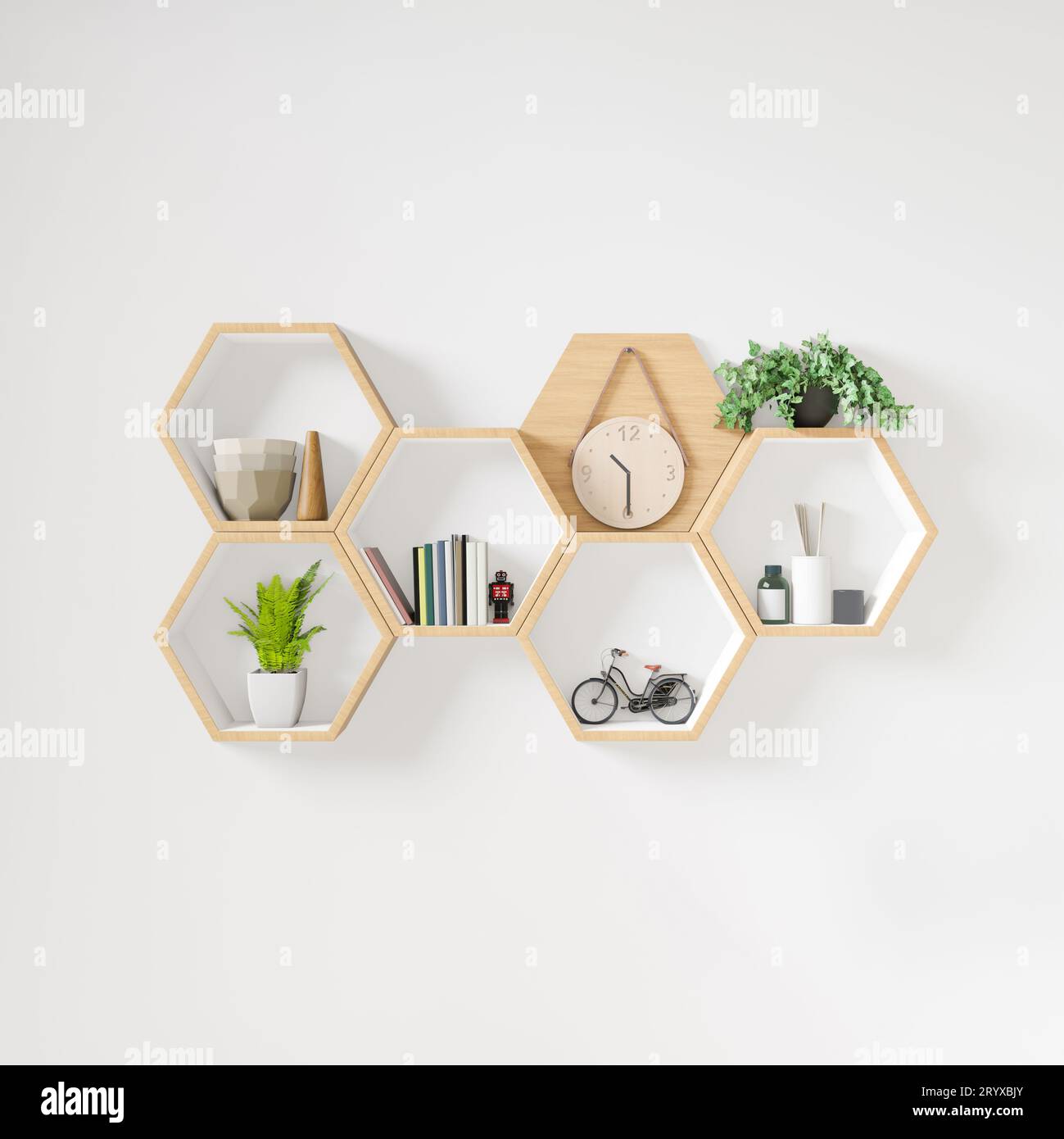 Hexagon wooden shelf Stock Photo - Alamy