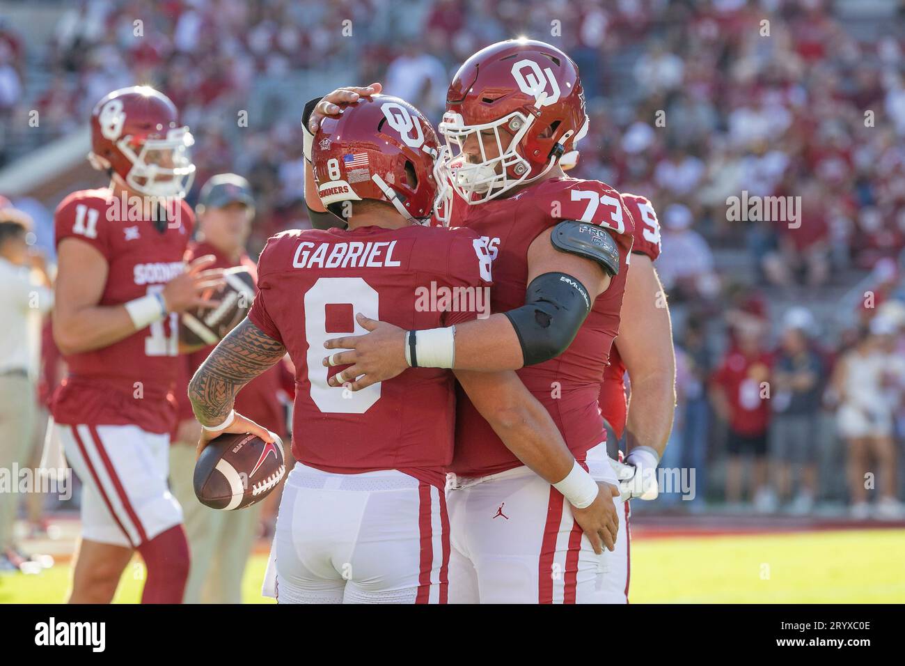 Oklahoma quarterback Dillon Gabriel (8) and offensive lineman Andrew ...