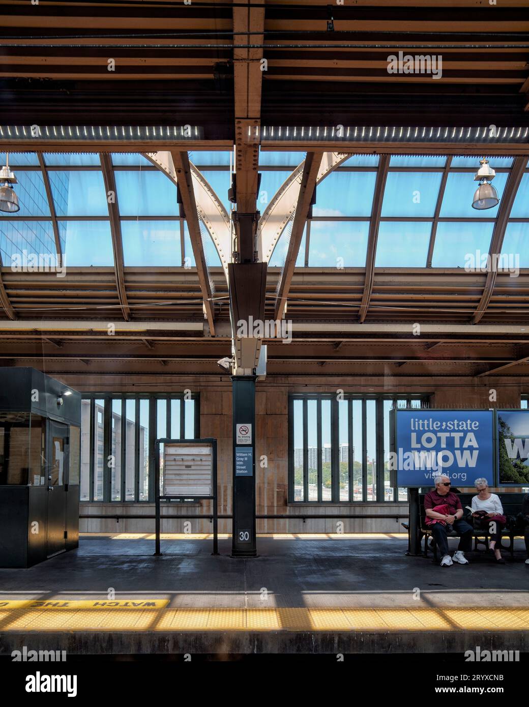 A view through a train window of the platform at 30th St Station ...